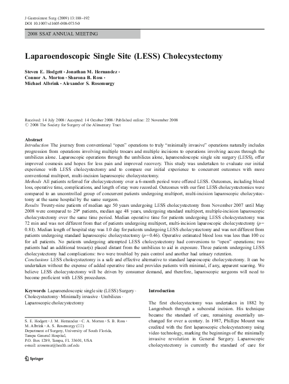 (PDF) Laparoendoscopic Single Site (LESS) Cholecystectomy | Kenneth ...