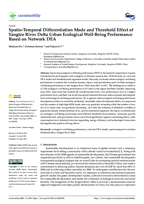 (PDF) Spatio-Temporal Differentiation Mode and Threshold Effect of Yangtze River Delta Urban ...