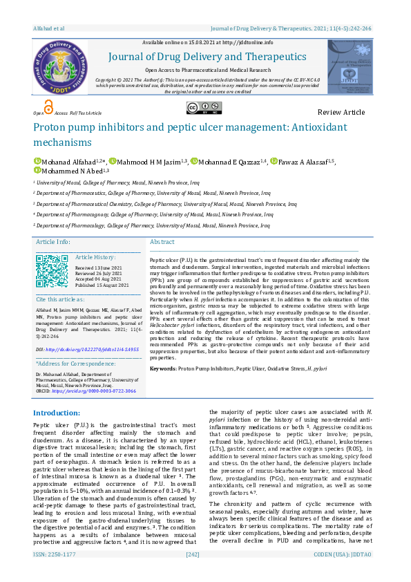 Pdf Proton Pump Inhibitors And Peptic Ulcer Management Antioxidant