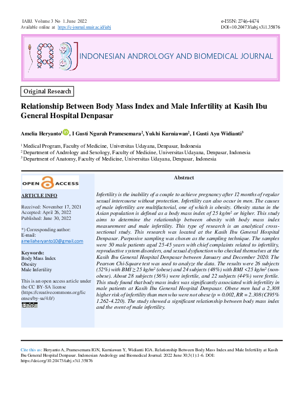 (PDF) Relationship Between Body Mass Index and Male Infertility at Kasih Ibu General Hospital ...