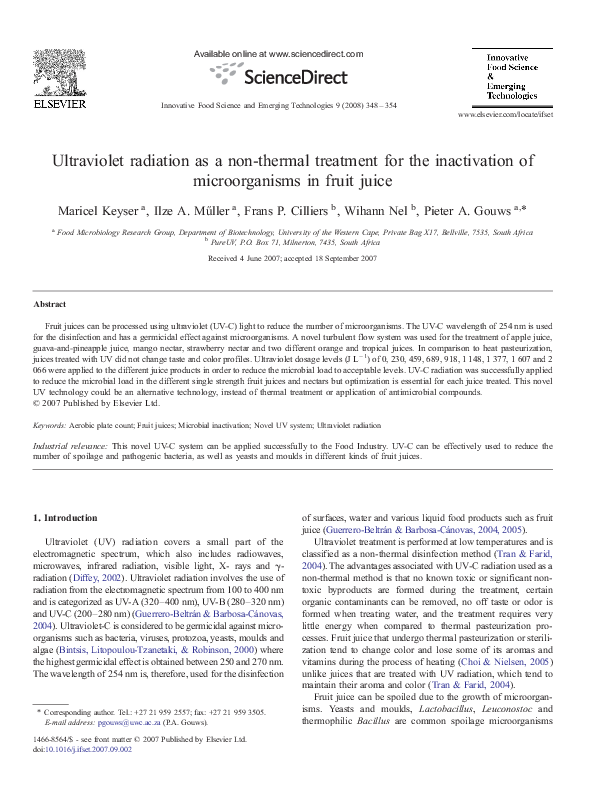 (PDF) Ultraviolet radiation as a non-thermal treatment for the ...