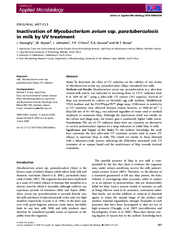 (PDF) Inactivation ofMycobacterium aviumssp.paratuberculosisin milk by UV treatment