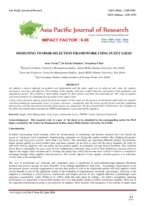 Pdf Designing Vendor Selection Framework Using Fuzzy Logic