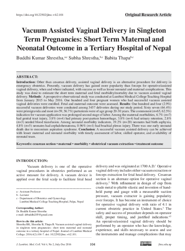 (PDF) Vacuum Assisted Vaginal Delivery in Singleton Term Pregnancies ...