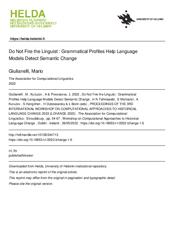 (PDF) Do Not Fire the Linguist: Grammatical Profiles Help Language Models Detect Semantic Change