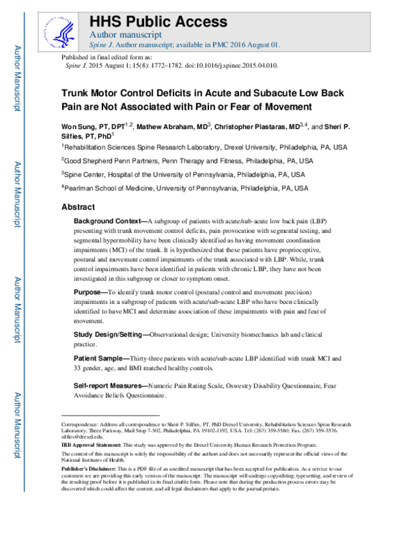 (PDF) Trunk Motor Control Deficits in Acute and Subacute Low Back Pain ...