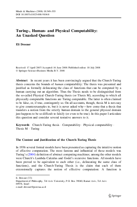 Pdf Turing Human And Physical Computability An Unasked Question