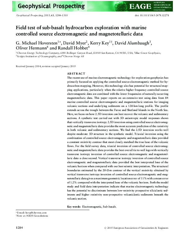 Pdf Field Test Of Sub Basalt Hydrocarbon Exploration With Marine Controlled Source