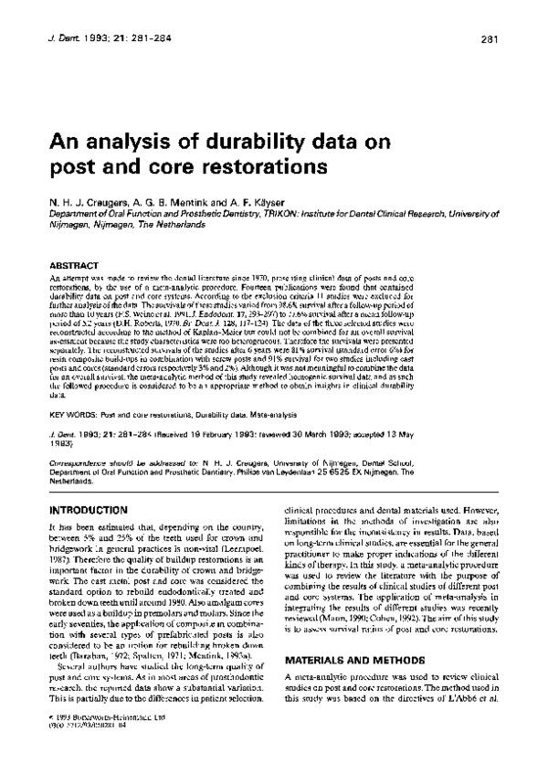 (PDF) An analysis of durability data on post and core restorations