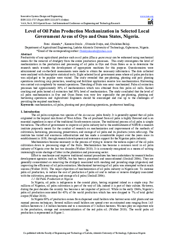 (PDF) Level of Oil Palm Production Mechanization in Selected Local ...