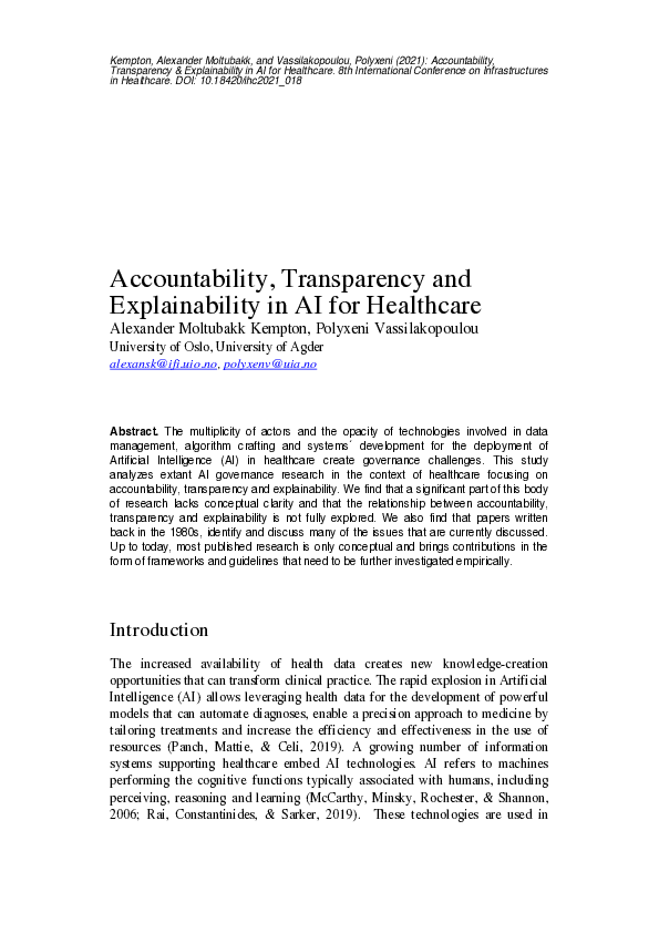 (PDF) Accountability, Transparency and Explainability in AI for Healthcare
