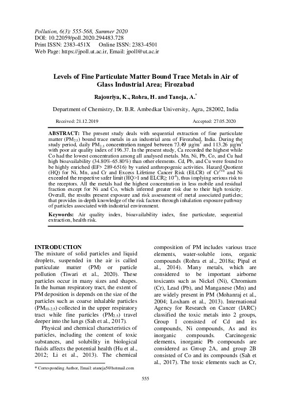 Pdf Levels Of Fine Particulate Matter Bound Trace Metals In Air Of Glass Industrial Area