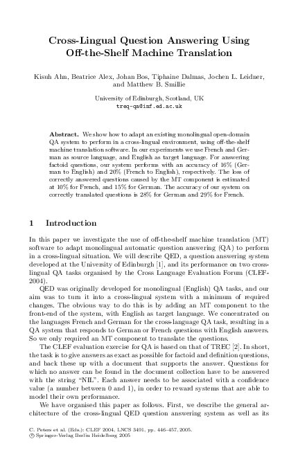 (PDF) Cross-Lingual Question Answering Using Off-the-Shelf Machine Translation