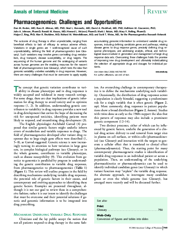 (PDF) Pharmacogenomics: Challenges and Opportunities