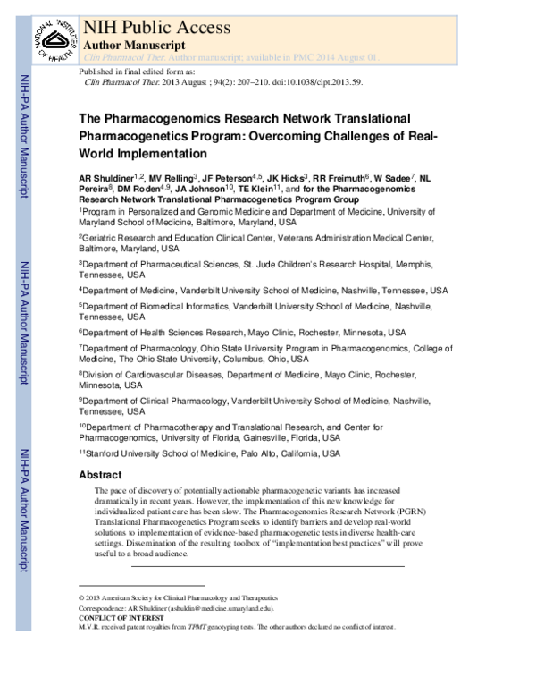 (PDF) The Pharmacogenomics Research Network Translational Pharmacogenetics Program: overcoming ...
