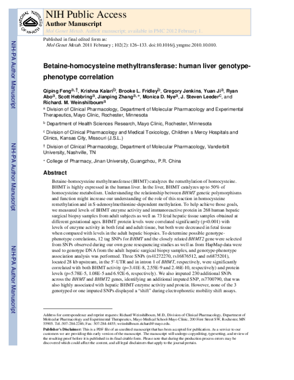 (PDF) Betaine-homocysteine methyltransferase: Human liver genotype ...