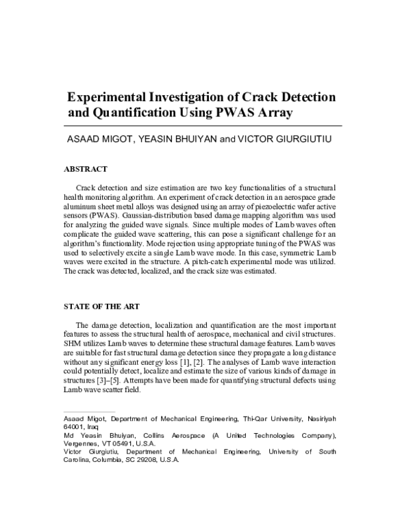 (PDF) Experimental Investigation of Crack Detection and Quantification Using PWAS Array