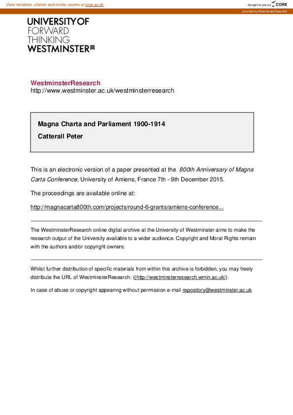 (PDF) Magna Charta and Parliament 1900-1914
