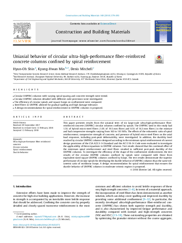 Pdf Uniaxial Behavior Of Circular Ultra High Performance Fiber Reinforced Concrete Columns