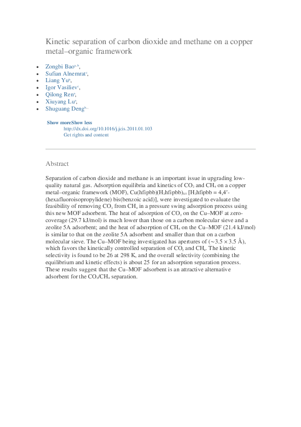 (PDF) Kinetic separation of carbon dioxide and methane on a copper ...