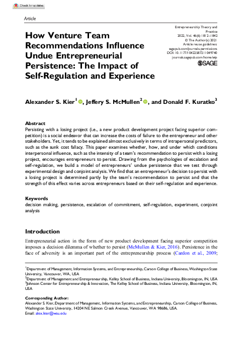 (PDF) How Venture Team Recommendations Influence Undue Entrepreneurial ...