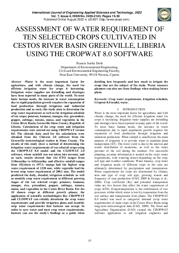 (PDF) Assessment of Water Requirement of Ten Selected Crops Cultivated ...