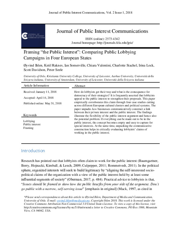 (PDF) Framing “the Public Interest”: Comparing Public Lobbying ...