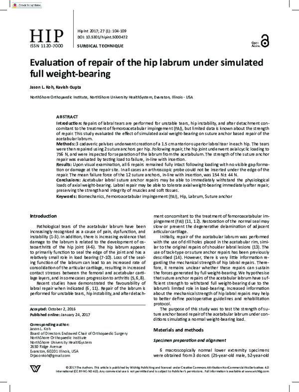 (PDF) Evaluation of Repair of the Hip Labrum under Simulated Full ...