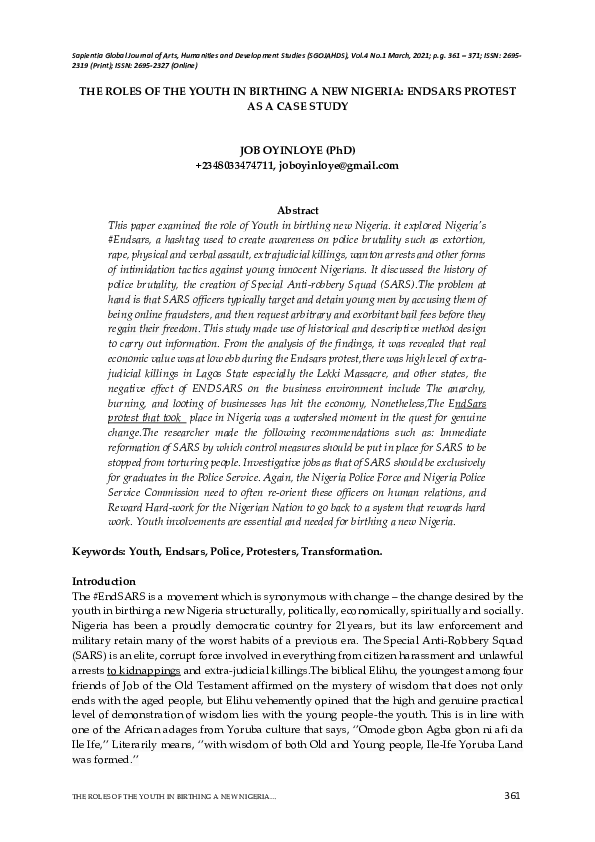 (PDF) The Roles of the Youth in Birthing a New Nigeria: Endsars Protest ...