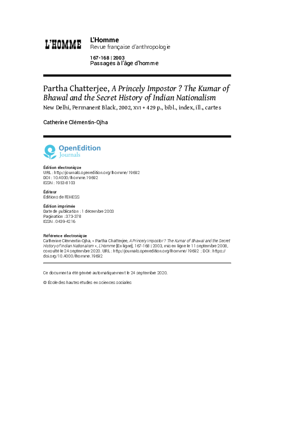 (PDF) Partha Chatterjee, A Princely Impostor ? The Kumar of Bhawal and the Secret History of ...