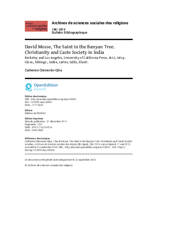 (PDF) David Mosse, The Saint in the Banyan Tree. Christianity and Caste ...