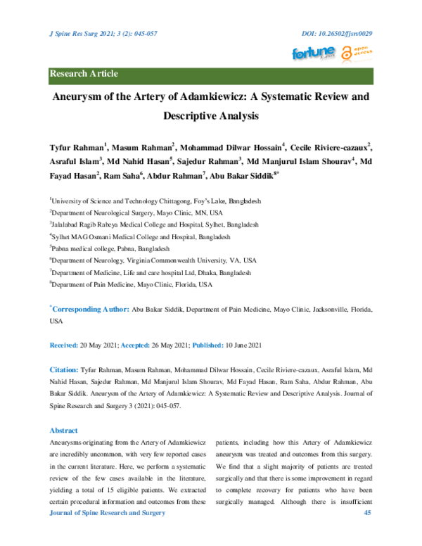 (PDF) Aneurysm of the Artery of Adamkiewicz: A Systematic Review and Descriptive Analysis