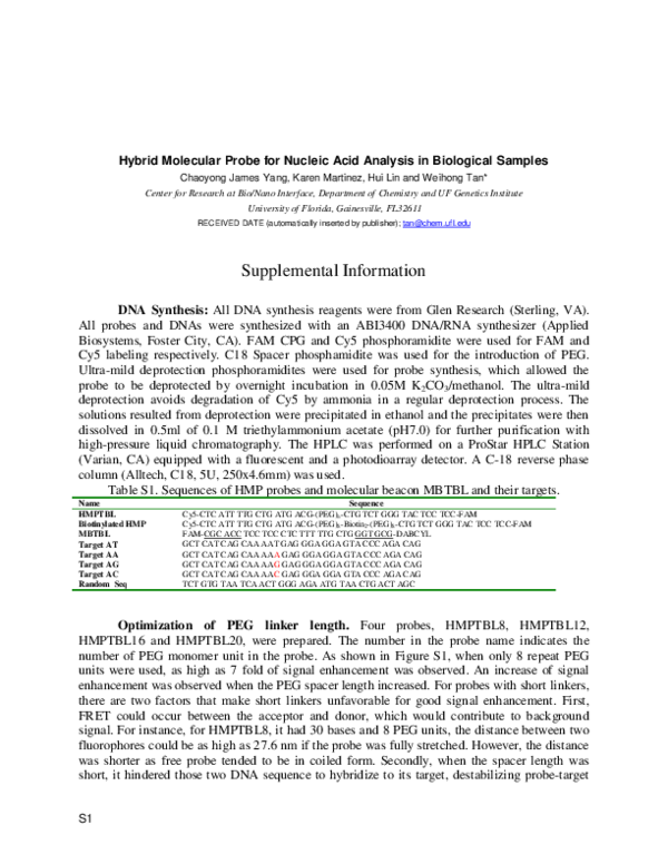 (PDF) Hybrid Molecular Probe for Nucleic Acid Analysis in Biological Samples