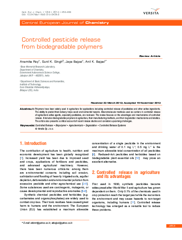 (PDF) Controlled pesticide release from biodegradable polymers
