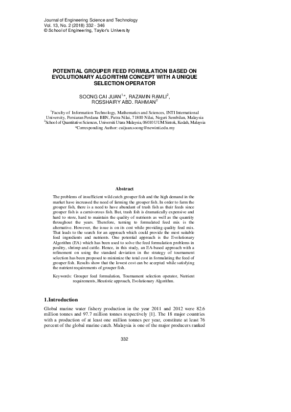 (PDF) Potential Grouper Feed Formulation Based on Evolutionary Algorithm Concept with a Unique ...