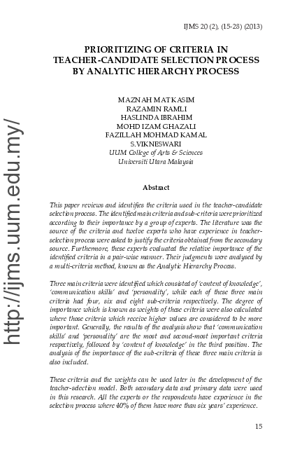 Pdf Prioritizing Of Criteria In Teacher Candidate Selection Process