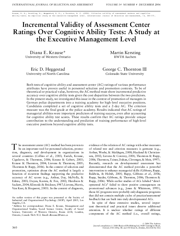 (PDF) Incremental Validity of Assessment Center Ratings Over Cognitive ...