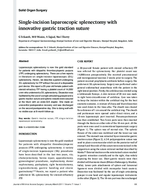 (PDF) Single-incision laparoscopic splenectomy with innovative gastric ...