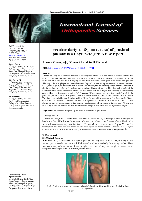 (PDF) Tuberculous dactylitis (Spina ventosa) of proximal phalanx in a ...
