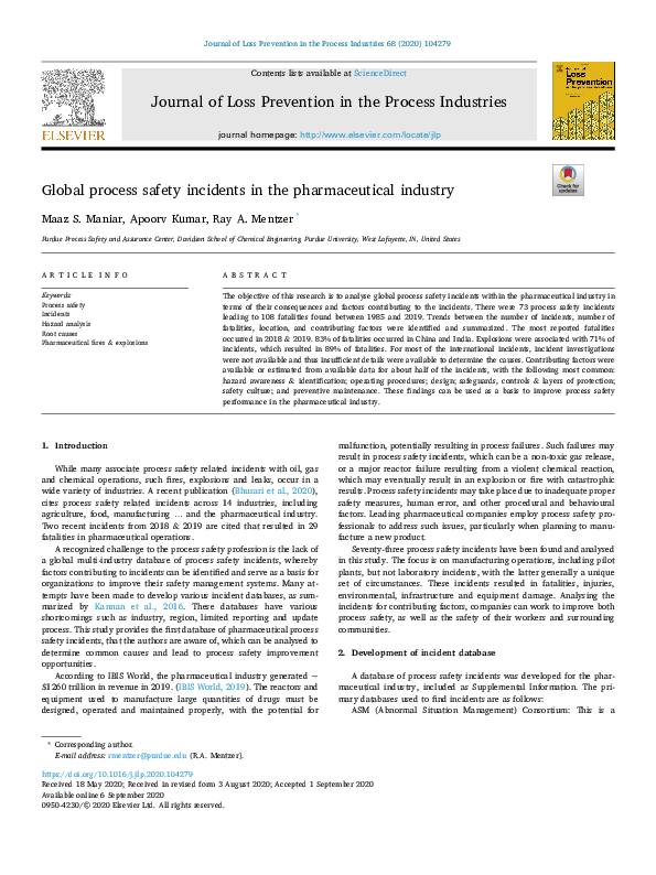(PDF) Global process safety incidents in the pharmaceutical industry