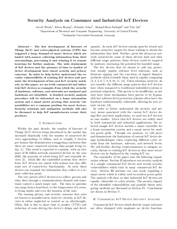 Pdf Security Analysis On Consumer And Industrial Iot Devices Orlando Arias