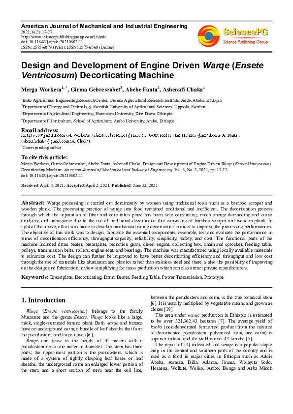 (PDF) Design and Development of Engine Driven Warqe (Ensete Ventricosum ...
