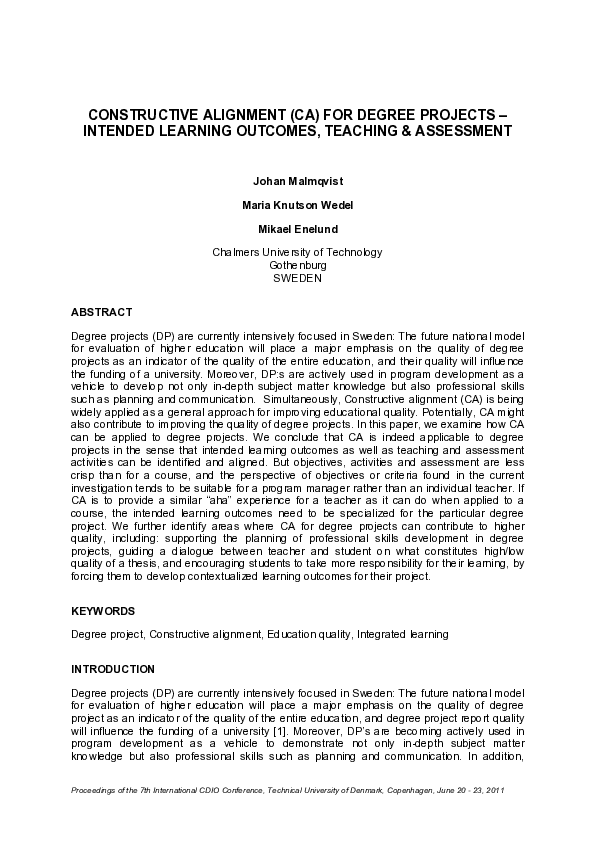 (PDF) Constructive Alignment (Ca) for Degree Projects - Intended Learning Outcomes, Teaching ...