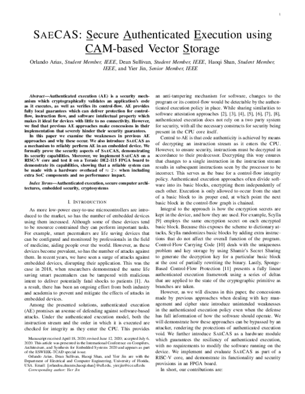 Saecas Secure Authenticated Execution Using Cam Based Vector Storage