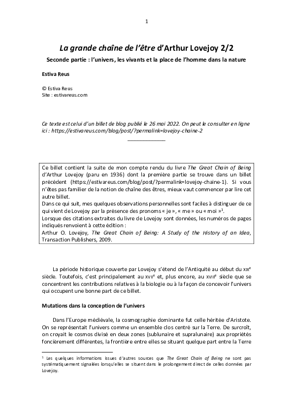 (PDF) La grande chaîne de l’être d’Arthur Lovejoy 2/2: l’univers, les ...
