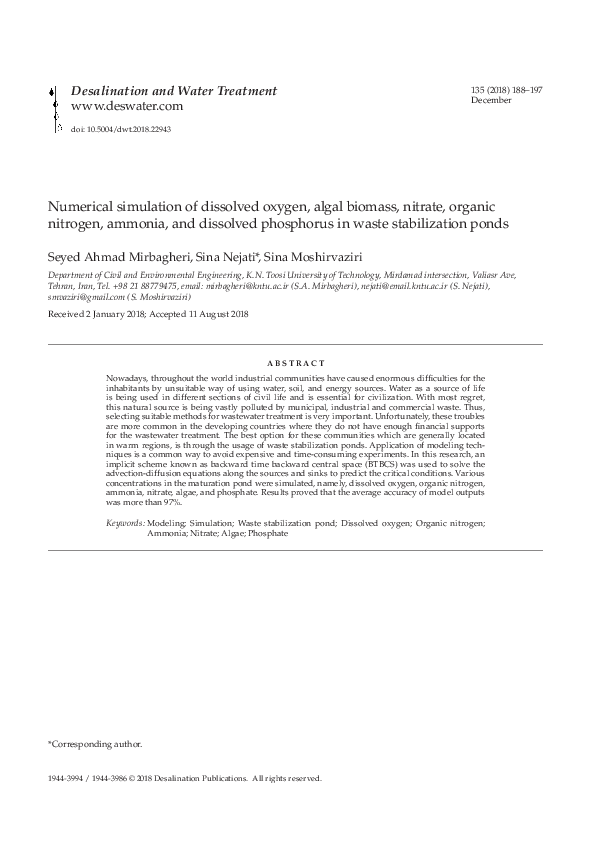 (PDF) Numerical simulation of dissolved oxygen, algal biomass, nitrate, organic nitrogen ...