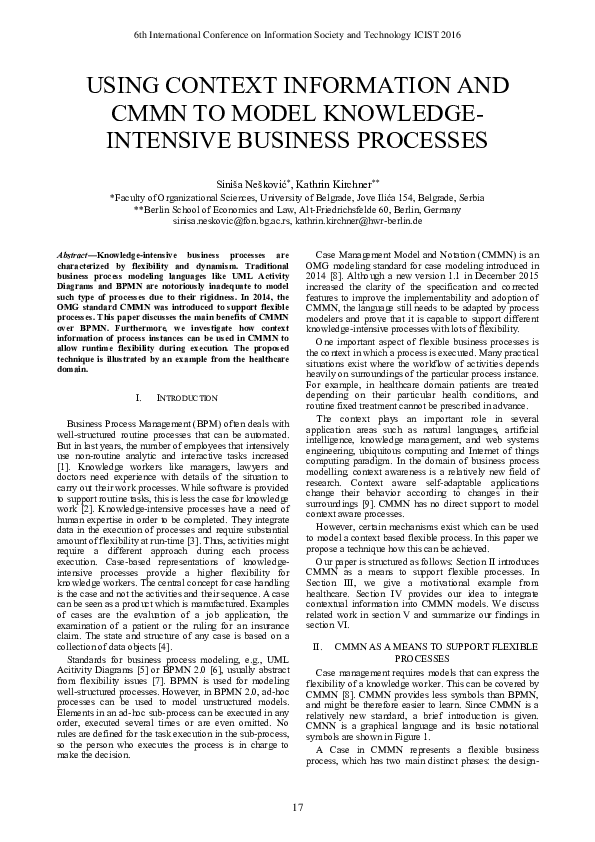 (PDF) Using Context Information and CMMN to Model Knowledge-Intensive Business Processes