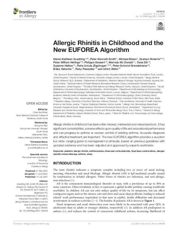 (PDF) Allergic Rhinitis in Childhood and the New EUFOREA Algorithm