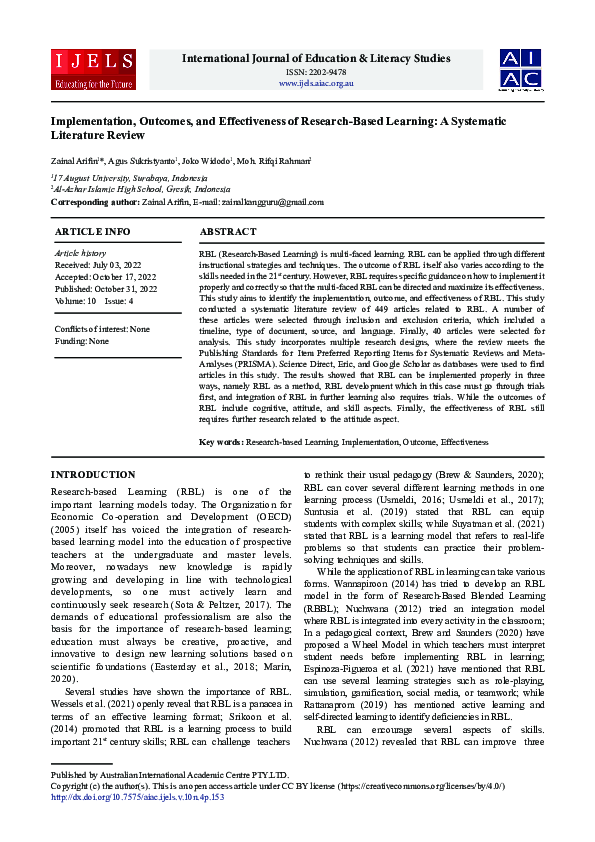 (PDF) Implementation, Outcomes, and Effectiveness of Research-Based Learning: A Systematic ...