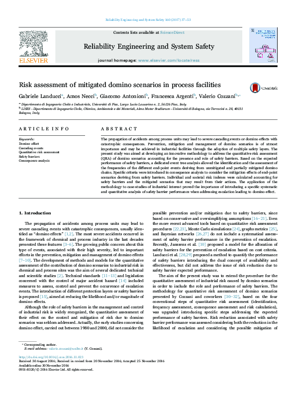 (PDF) Risk assessment of mitigated domino scenarios in process facilities